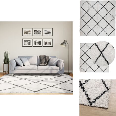 Tapis shaggy à poils longs moderne crème et noir 200x200 cm - Tapis Shag - Tapis Long Poil ...