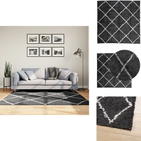 Tapis shaggy à poils longs moderne noir et crème 160x160 cm - Tapis Shag - Tapis Long Poil ...