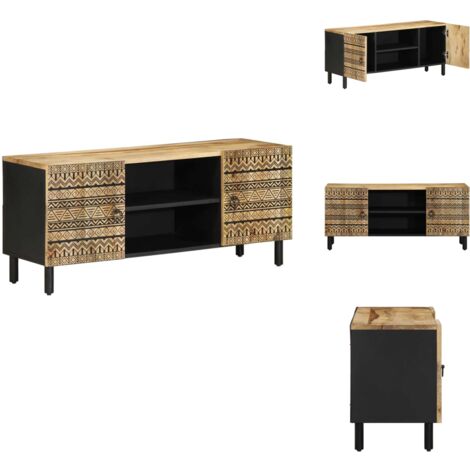 Meuble TV noir 105x33,5x46 cm bois massif manguier brut - Meuble TV ...