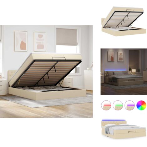 Lit ottoman avec matelas et LED crème 180x200cm tissu - Lit Ottoman ...