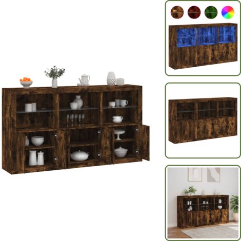 Buffet LED chêne fumé 181,5x37x100 cm meuble de rangement moderne salon ...
