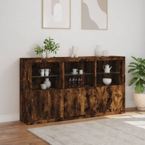 Buffet LED chêne fumé 181,5x37x100 cm meuble de rangement moderne salon ...
