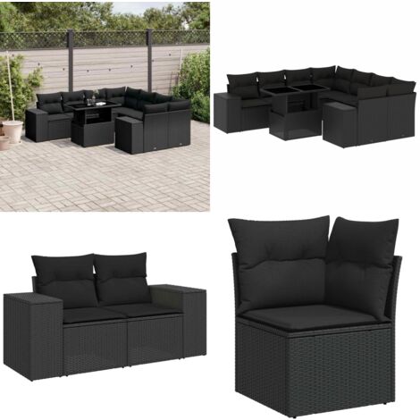 Salon de jardin 9 pcs avec coussins noir résine tressée - Ensemble ...