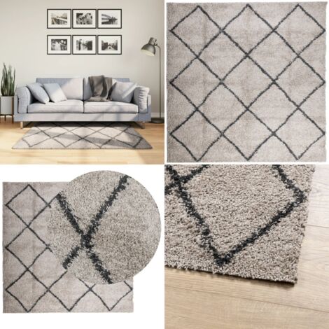 Tapis shaggy à poils longs moderne beige anthracite 120x120 cm - Tapis Shag - Tapis Long Poil ...