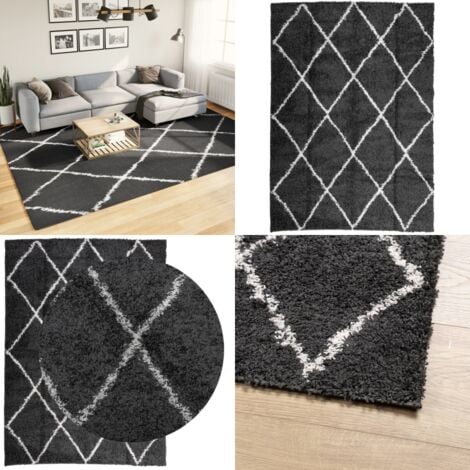 Tapis shaggy à poils longs moderne noir et crème 240x340 cm - Tapis Shag - Tapis Long Poil ...