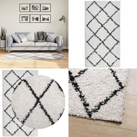 Tapis shaggy à poils longs moderne crème et noir 80x150 cm - Tapis Shag - Tapis Long Poil ...