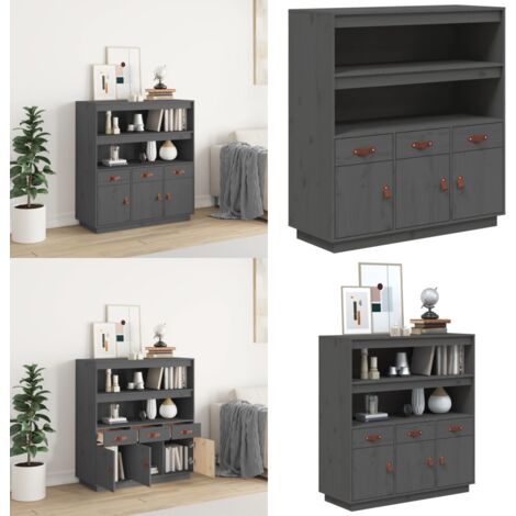 Buffet haut Gris 100x40x108,5 cm Bois massif de pin - Buffet Design - Meuble Rangement - Buffet ...