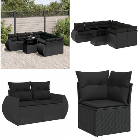 Salon de jardin 9 pcs avec coussins noir résine tressée - Ensemble ...