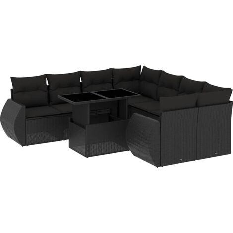 Salon de jardin 9 pcs avec coussins noir résine tressée - Ensemble ...