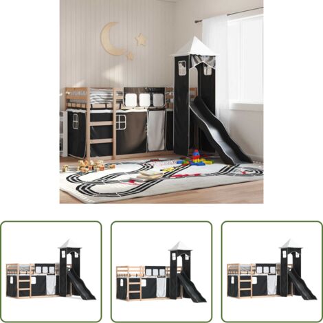 Lit superposé ludique toboggan sécurité pour chambre enfant blanc noir ...