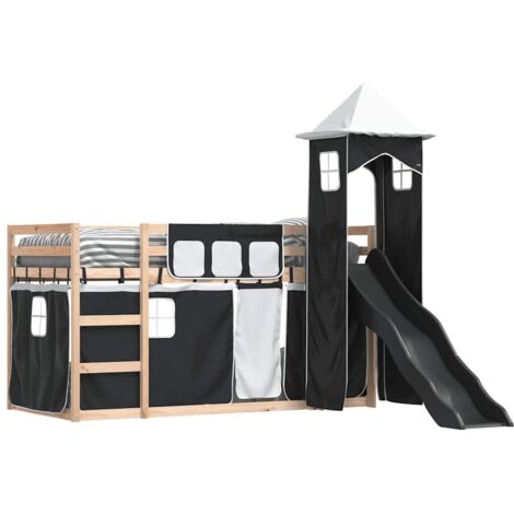 Lit superposé ludique toboggan sécurité pour chambre enfant blanc noir ...