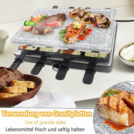 YARDIN Raclette Grill Grillplatte Tischgrill für 8 Personen, Steinplatte und Grillplatte ...