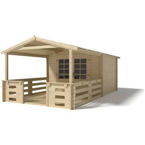 Casetta da giardino in legno con veranda e tettoia - 21m2 - 3x4m - 28mm - colore: naturale ...