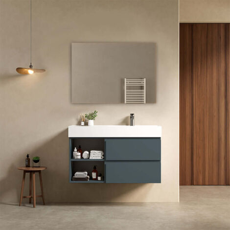 Mobile bagno sospeso 100 cm Blu Mare Lavabo a Destra in Resina Specchio ...
