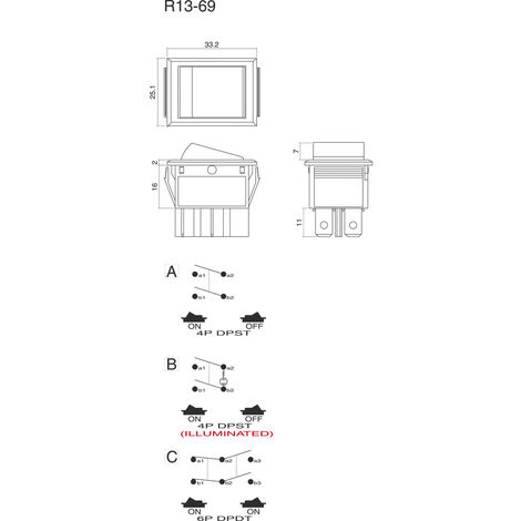 TRU COMPONENTS 1587524 Wippschalter TC-R13-69B-01 RD 250 V/AC 10 A 2 x ...