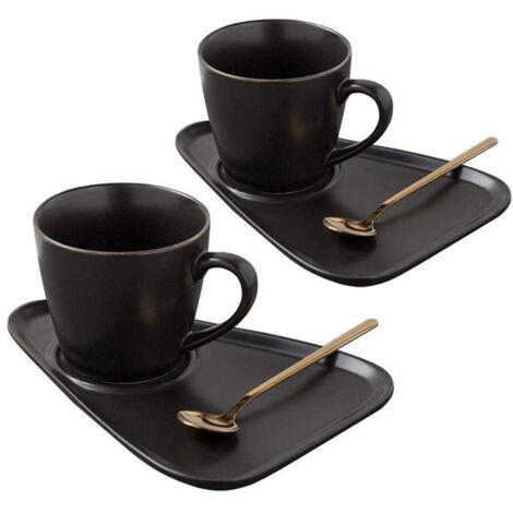 Set mit 2x bechern untertassen und teeloffeln - schwarz