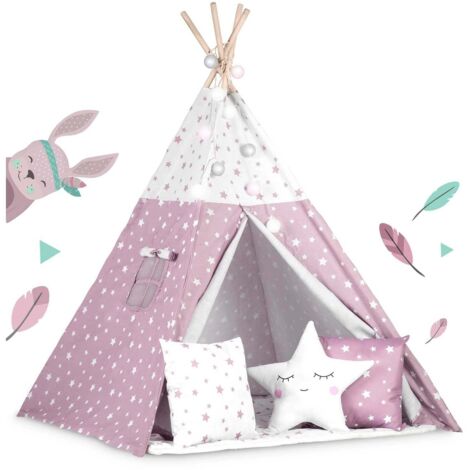 Kinder tipi zelt mit lichterkette nukido - rosa mit sternenmuster