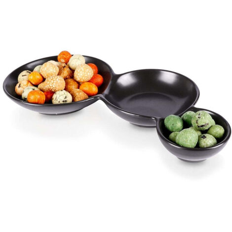 Black porcelain bowl with three compartments for snacks and dipping sauces