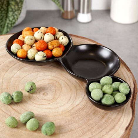 Black porcelain bowl with three compartments for snacks and dipping sauces