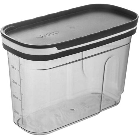 Container with dosing lid and measuring scale for dry goods