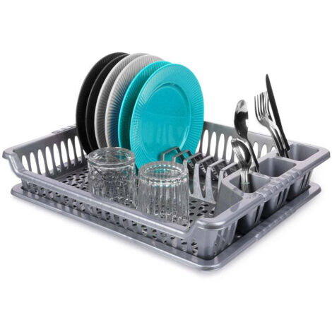 Gray dish rack with removable tray for easy cleaning
