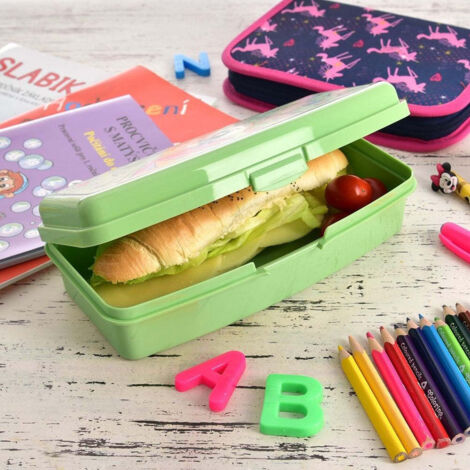 Green lunch box with clip lock and divider for meals
