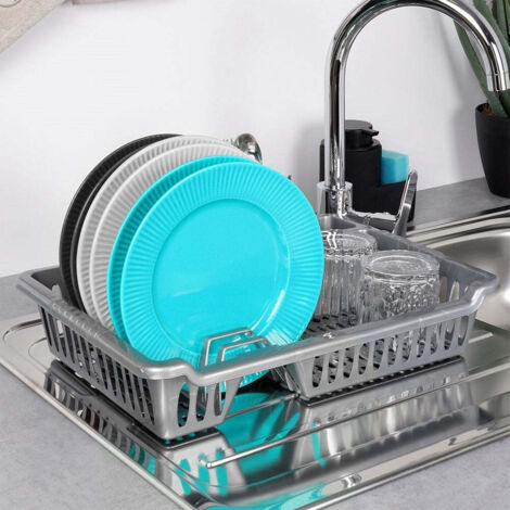 Gray dish rack with removable tray for easy cleaning