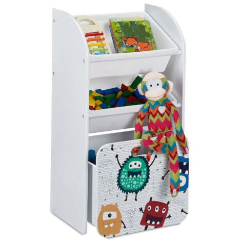 Narrow toy storage unit with monsters
