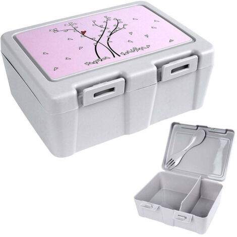 Practical lunch box with heart motif and 2 in 1 cutlery