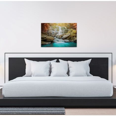 Leinwandbild Tropisch 60 x 90 cm - Wandbild Wasserfall Orange Gelb Natur - Keilrahmen ...