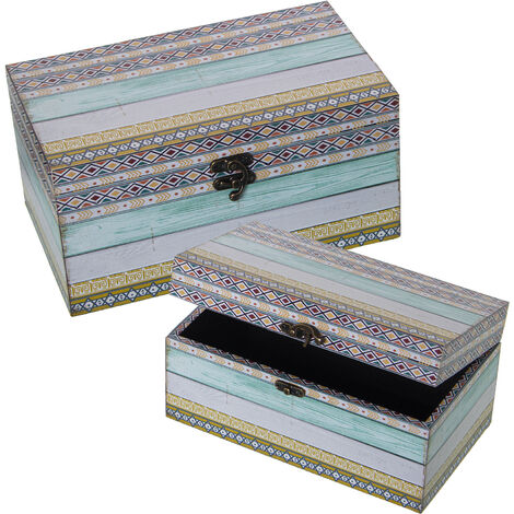 Lot de 2 Coffrets Décorés Bois/Toile Polyester 30X18X15+24X14X12 Cm