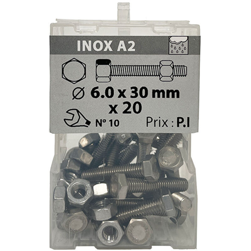 20 vis 6 x 30mm tête hexagonale + écrou inox A2 - Viswood