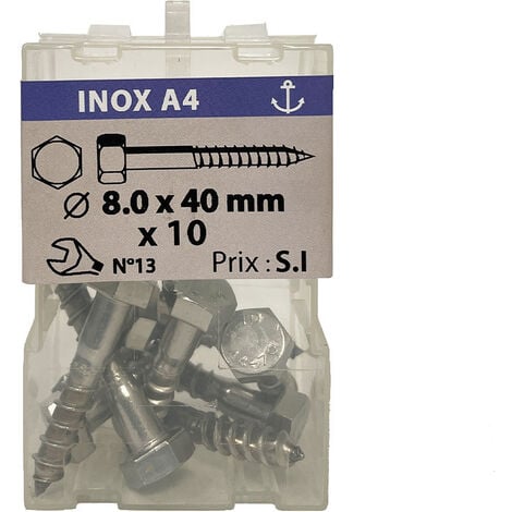 10 vis à bois 8 x 40mm tête hexagonale inox A4 - Vissal