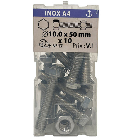 10 vis 10 x 50mm têtes hexagonale + écrou inox A4 - Vissal