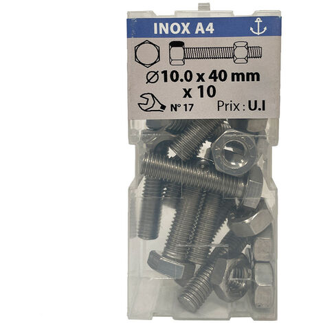10 vis 10 x 40mm têtes hexagonale + écrou inox A4 - Vissal