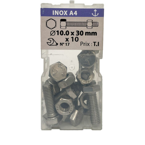 10 vis 10 x 30mm têtes hexagonale + écrou inox A4 - Vissal