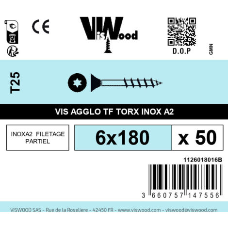 50 vis agglo 6 x 180mm tête Fraisée Torx Inox A2 - Viswood
