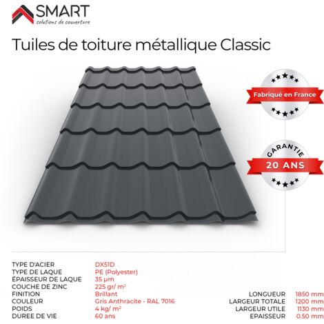 Tuile de toiture métallique CLASSIC Coloris Gris Anthracite 7016 ...