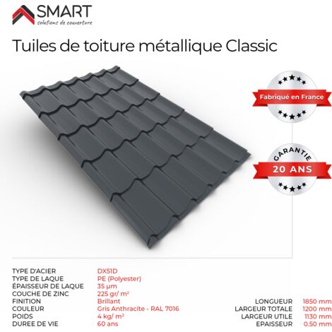 Tuile de toiture métallique CLASSIC Coloris Gris Anthracite 7016 ...