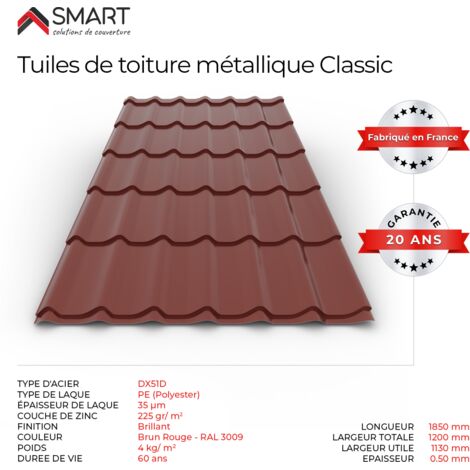 Tuile de toiture métallique CLASSIC Coloris Rouge Oxyde RAL 3009 ...