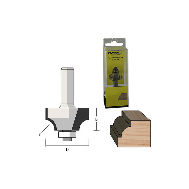 Fraise quart de rond D. 32,7 mm Ht. 16 mm R 4° Lt. 47,5 mm Queue 8 mm + Roulement à billes - ..@47,5