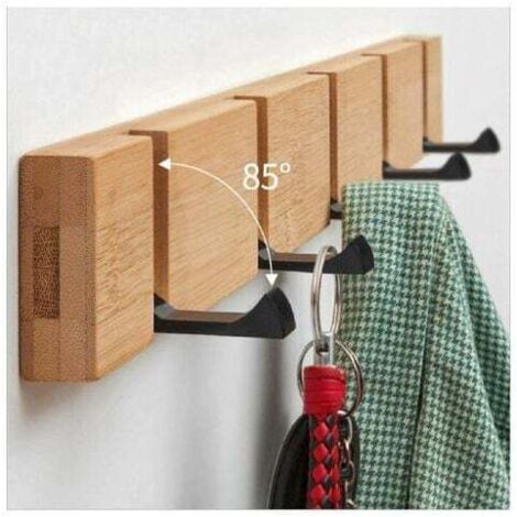 Pliable Patères en Bois Naturel, Porte-Manteau Mural avec 5 Crochets ...