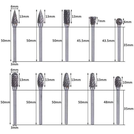 Lot de 10 fraises rotatives en carbure de tungstène avec tête de meulage pour outils rotatifs ...