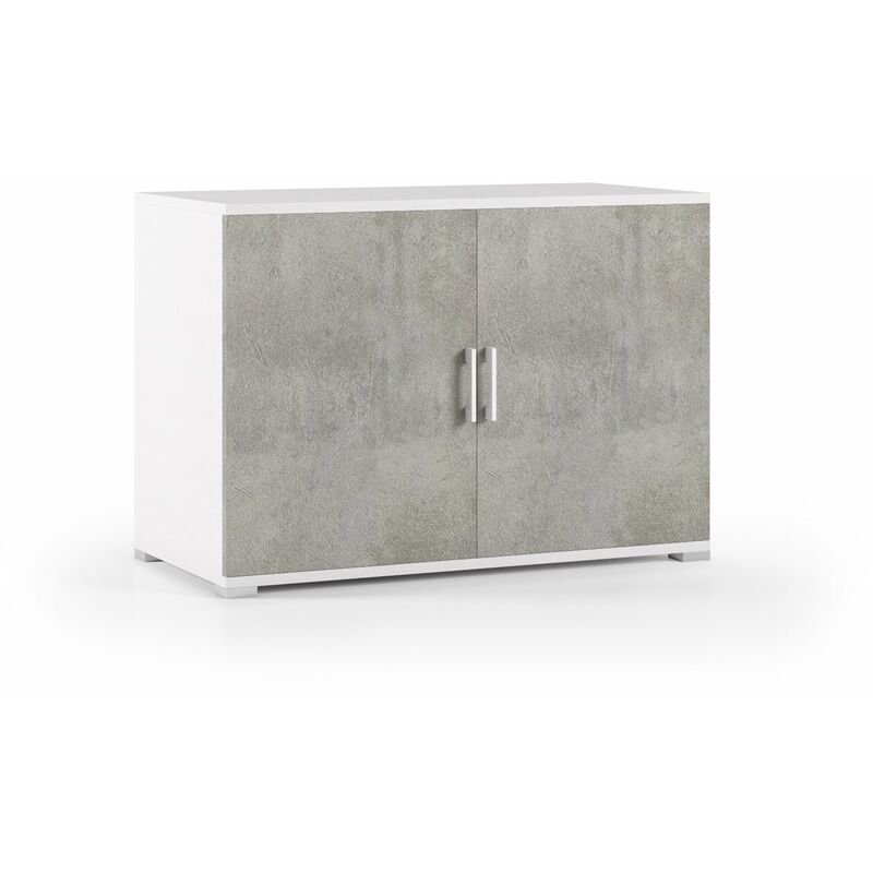 Mueble con doble puerta y estante blanco con puertas de hormigón.