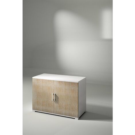 Mueble con doble puerta y estante blanco con puertas de roble.