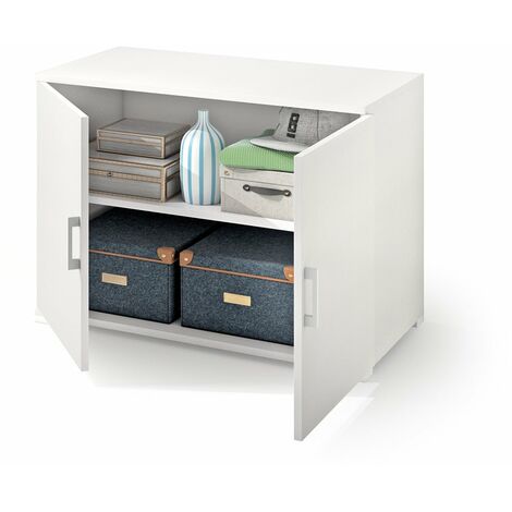Mueble con doble puerta y estante blanco con puertas blancas.