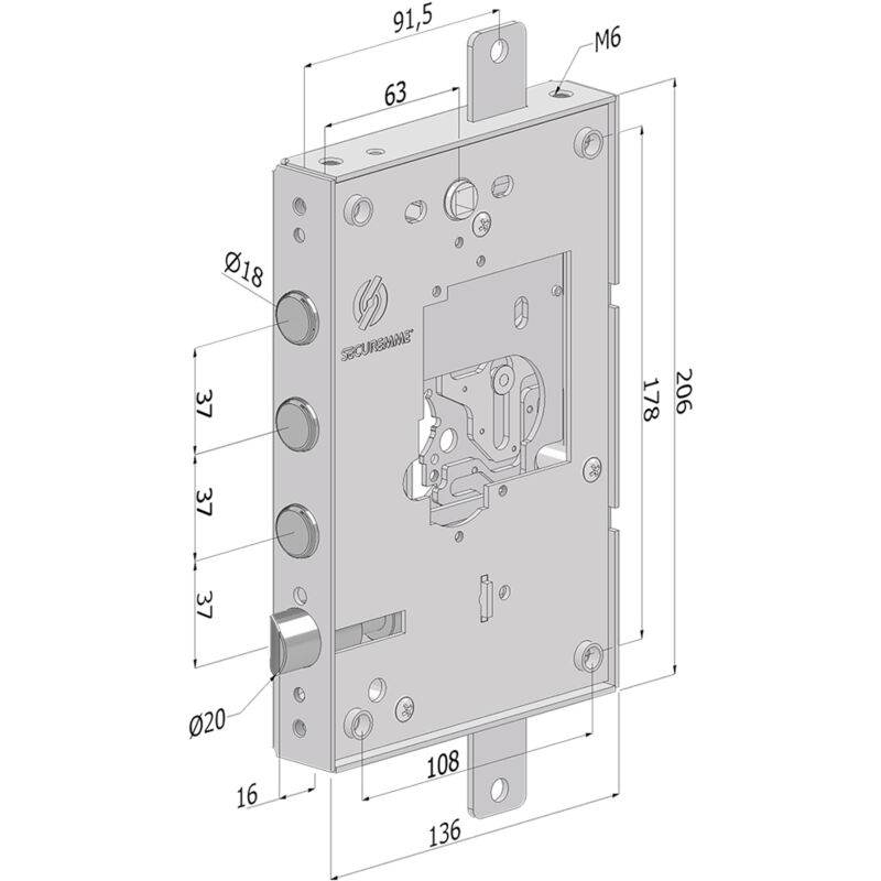 Serratura triplice 37 mm interasse DX