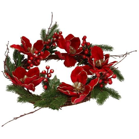 Couronne fleurs baies or rouge rond cmø50x40