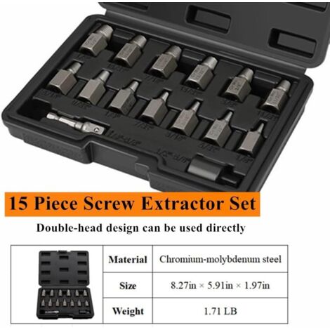 15 Piece Double Head Screw Extractor Set，Easy Out Bolt Remover Kit，3/8 ...