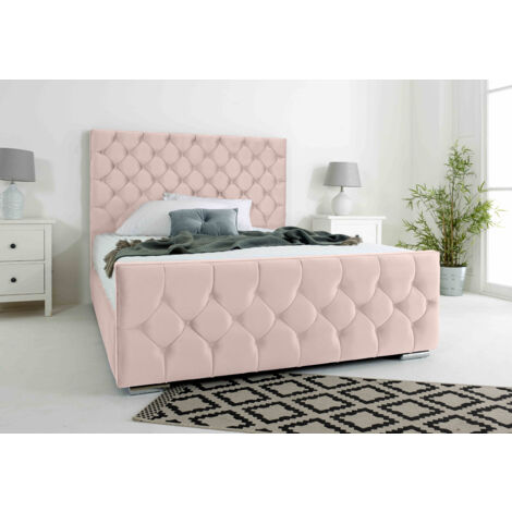 Maya Pink Plush Velvet Matching Buttons Double Bed Frame